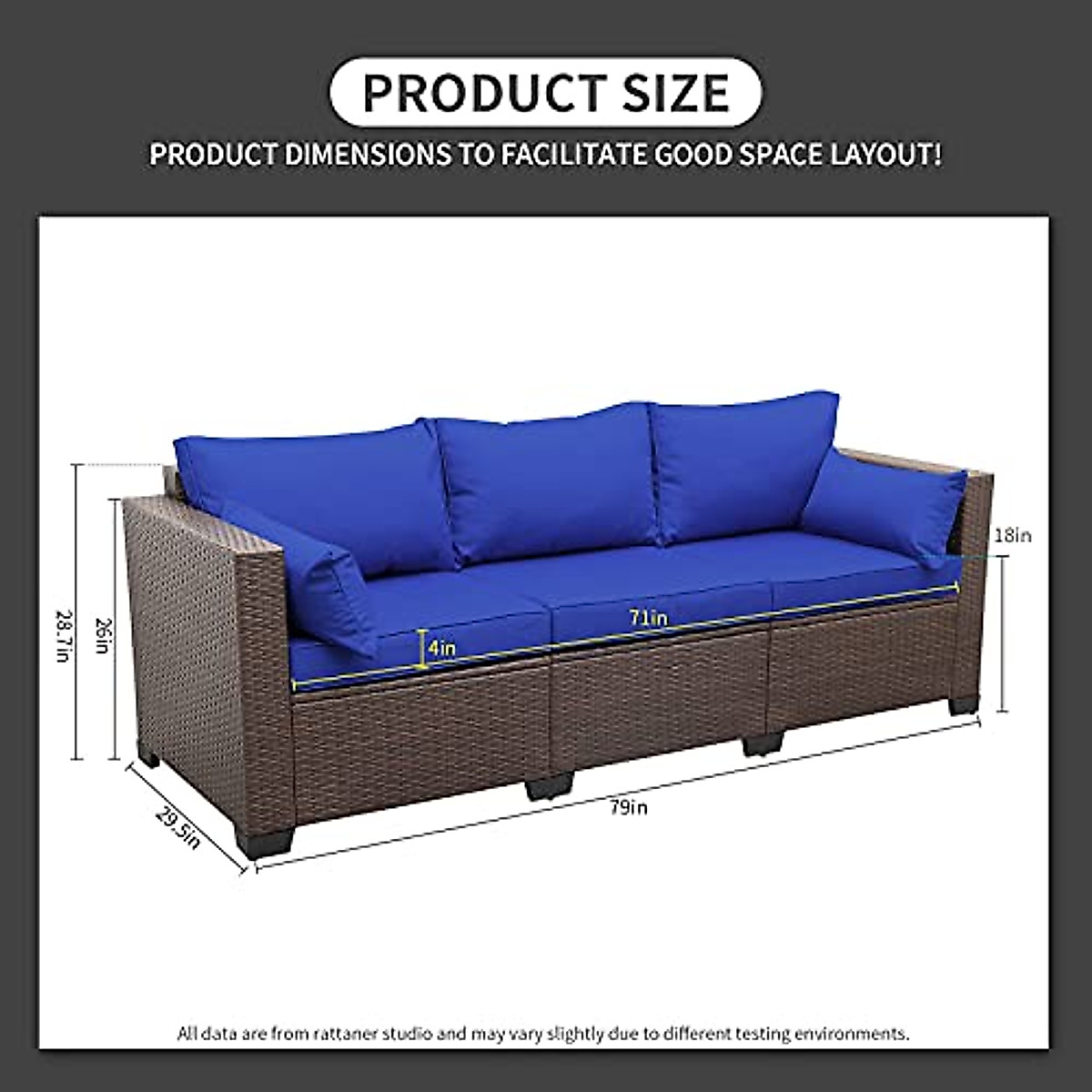 3-Seat Patio PE Wicker Sofa, Outdoor Rattan Couch Furniture Steel Frame with Furniture Cover and Deep Seat High Back, Royal Blue Anti-Slip Cushion