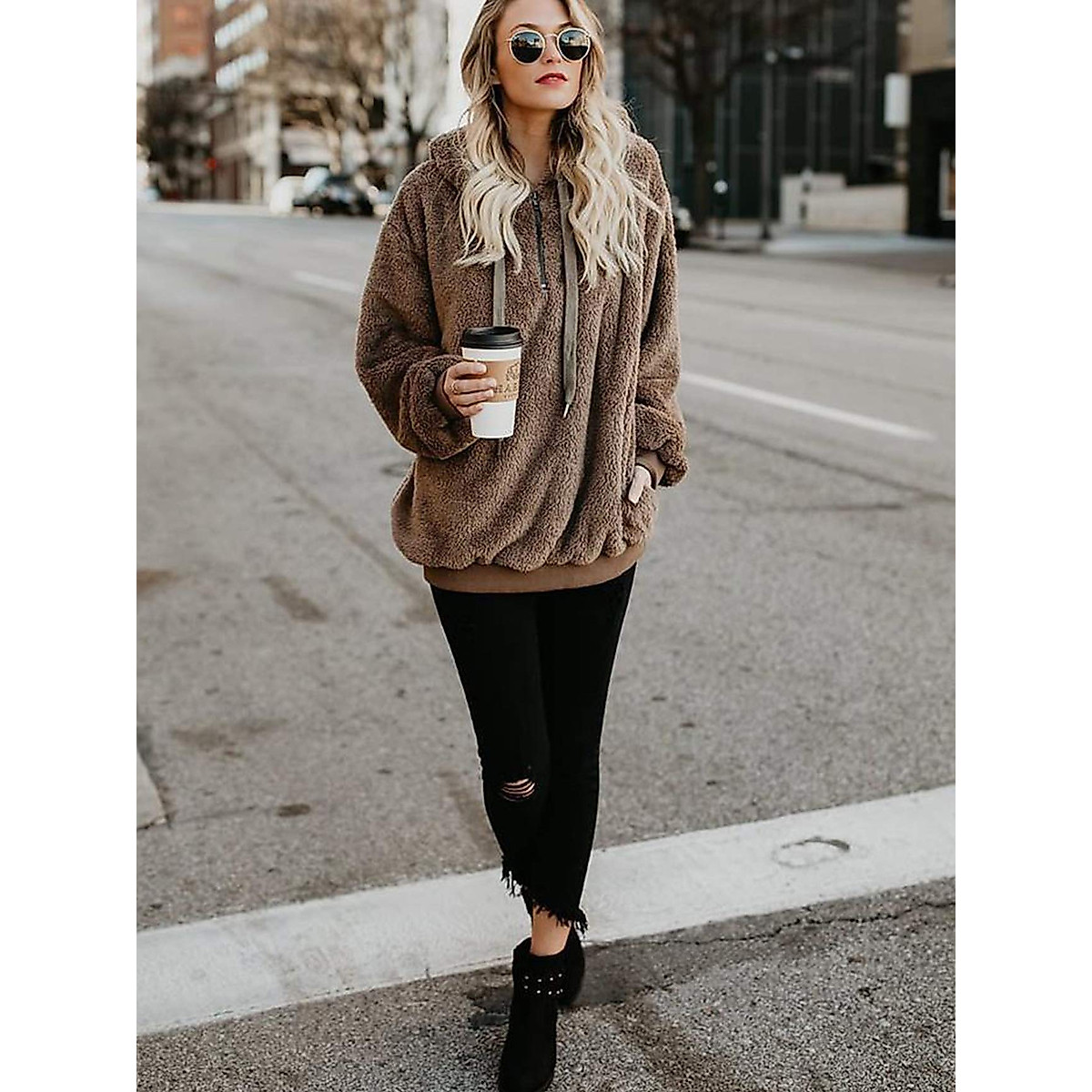 American Trends Oversized Sweatshirts for Women Athletic Womens Sherpa Hoodie Fluffy Women's Hoodies Pullover with Pockets Burgundy Large