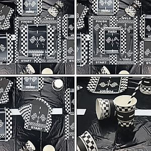 Race Car Birthday Party Supplies, Car Theme Party Decorations, Happy Birthday Banner, Plates, Race Car Tablecloth, Black and White Checkered Flag, Napkins, Cups, Balloon Arch Decor for Boy Teens Bday