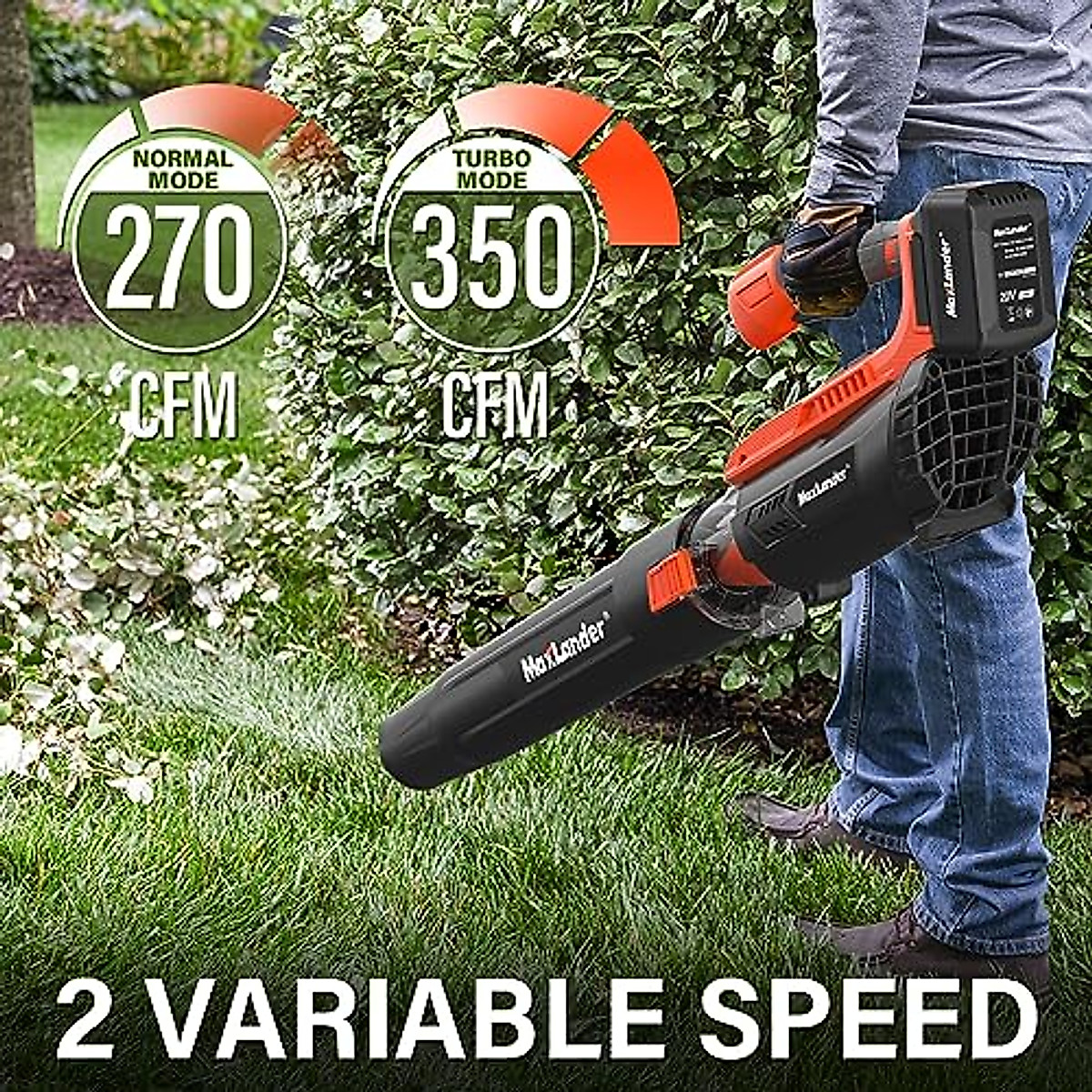 MAXLANDER Cordless Leaf Blower, 20V 350CFM Battery Powered Leaf Blowers for Lawn Care, Electric Lightweight Leaf Blower with 2-Speed Dial for Leaf/Snow/Dust Blowing (4.0Ah Battery & Charger Included)