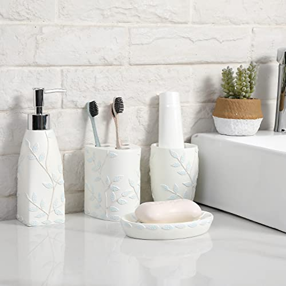 MyGift 4-Piece White Resin Bathroom Accessories Set with Embossed Powder Blue Leaf Design Includes Lotion Pump Dispenser, Tumbler, Toothbrush Holder and Soap Dish