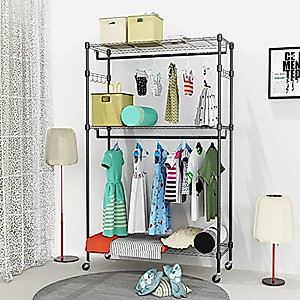 Heavy Duty Garment Rack on Wheels, Portable Clothes Racks for hanging clothes, Simple Sturdy Wardrobe Rack with Double Hanging Bar, 2 Hanger Hooks - Hold Up to 400Lbs (Black, 2Rod 2Hook)