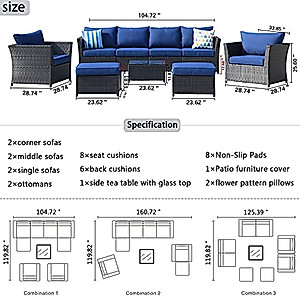 XIZZI Outdoor Patio Furniture No Assembly Required 9 PCS Patio Furniture Sets PE Rattan Wicker with 2 Pillows and Coffee Table, Backyard Patio Conversation Sets Sectional Sofa (Navy Blue)