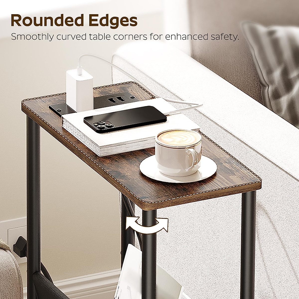 YATINEY Narrow End Table with Charging Station, Slim Side Table with Storage, Skinny End Table with Magazine Holder, Narrow End Table, Nightstand for Bedroom, Living Room, Rustic Brown ET05BR