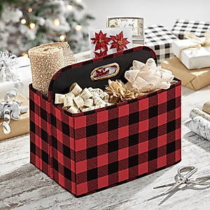 mDesign Holiday Storage Box for Gift Wrapping and Bows with Compartments and Handle - Christmas Organizer Tote for Ribbons - Divided Container for Crafts and Stationary - Buffalo Plaid, Red/Black