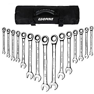 Egofine 15-piece SAE Ratcheting Wrench Set, SAE 1/4" to 1" Chrome Vanadium Steel, 12-Point Ratchet Wrenches, 72-Teeth Open End and Box End Combination Tool with a Roll Up Storage Bag