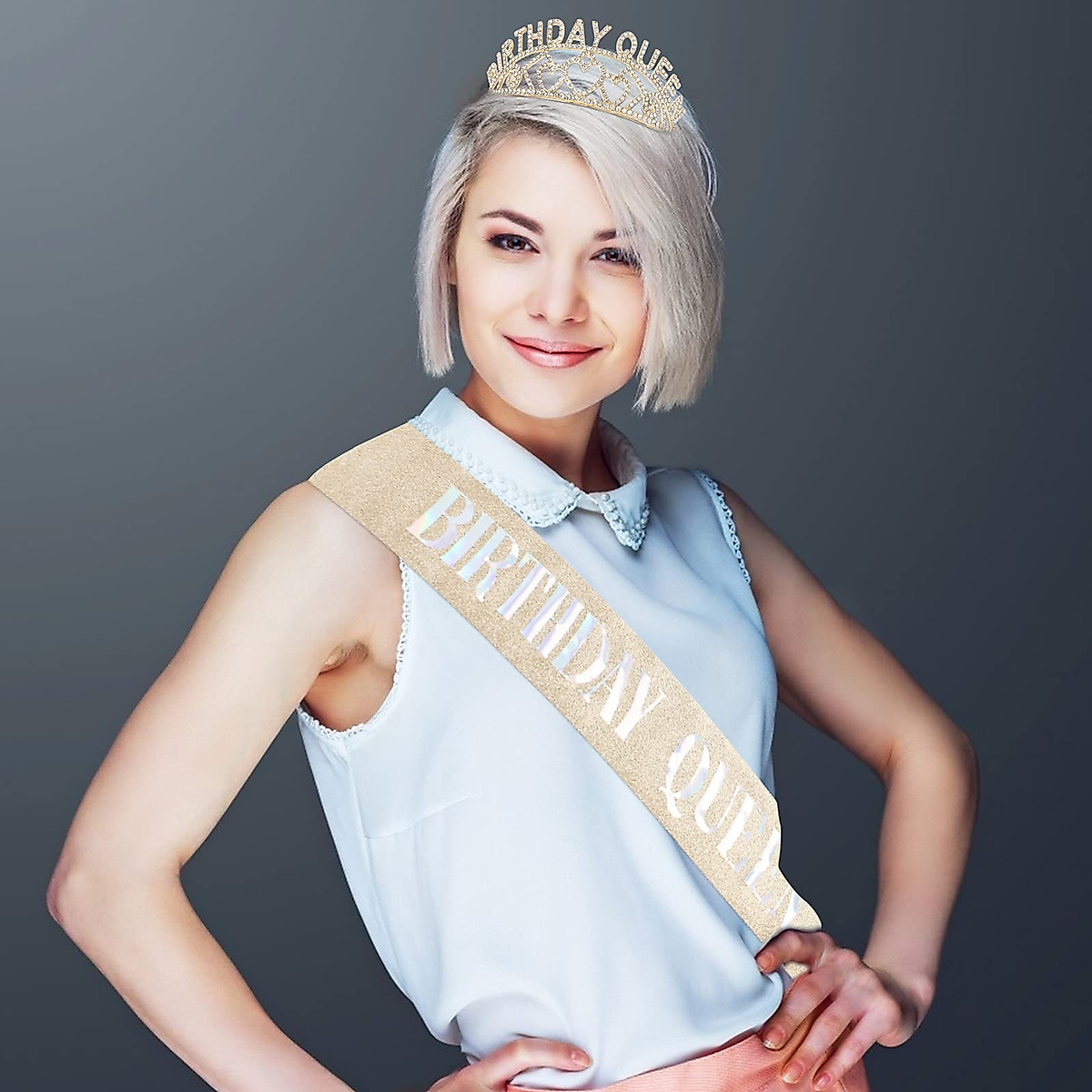 CAVETEE Birthday Queen Tiara and Sash- Birthday Tiara and Sash Birthday Party Favors Birthday Decorations for Women（Multi Color Letter）