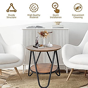 ECOMEX Outdoor Side Tables for Patio, 2 Tier Round Metal Patio Side Table Small Outdoor Side Table with Metal Frame, Industrial Outdoor Table for Bedroom Balcony Patio,Rustic Brown 1PC