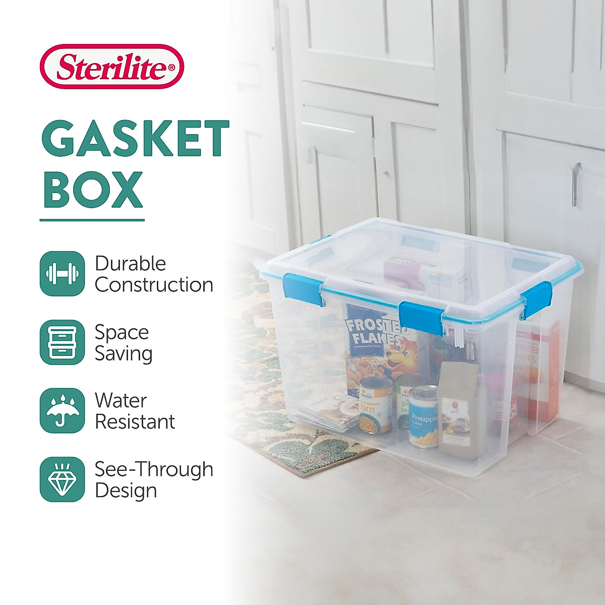 Sterilite Gasket Box, Stackable Storage Bin with Latching Lid, 80 Quart, 12 Pack
