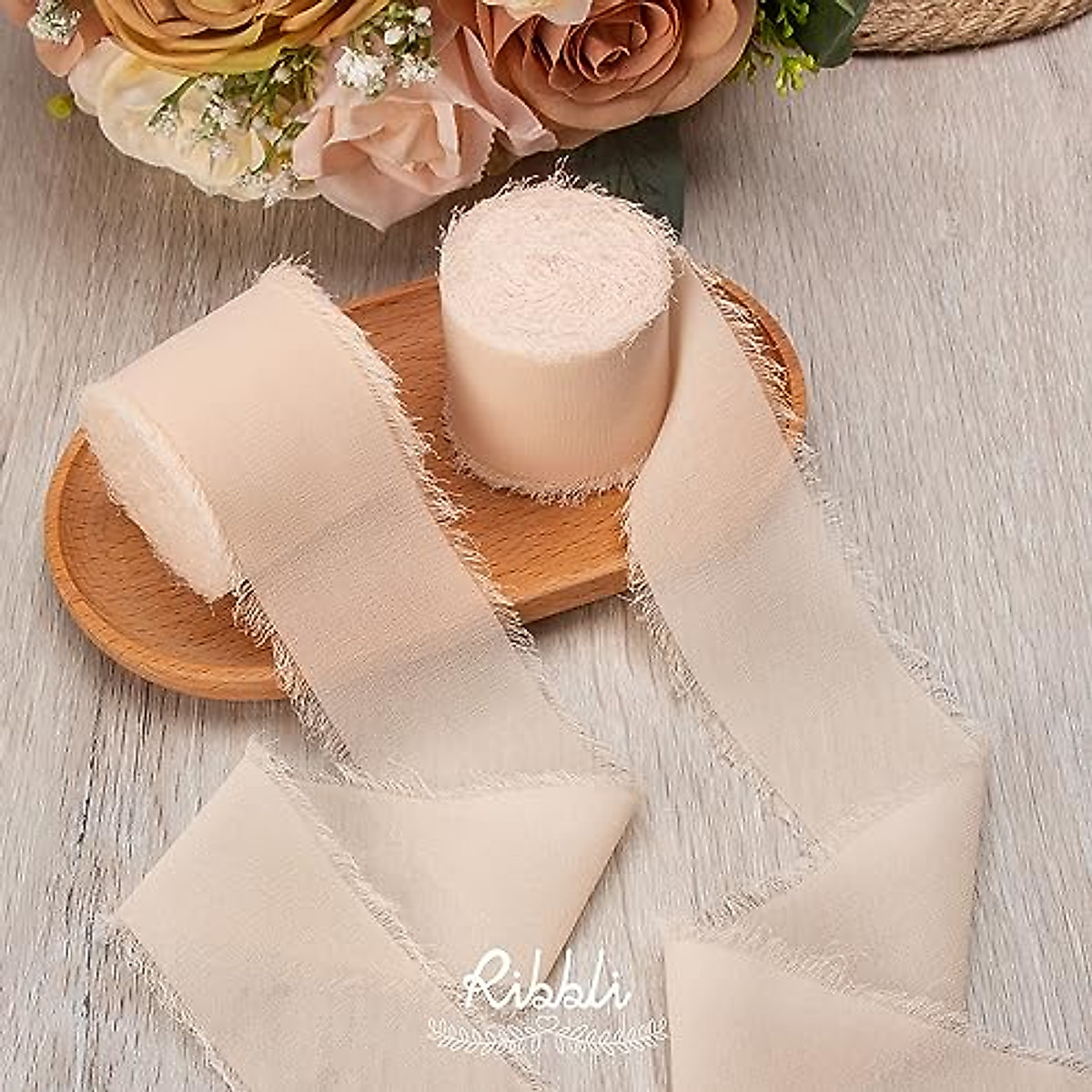 Ribbli Champagne Chiffon Ribbon 2 Inch x 20 Yard Handmade Fringe Chiffon Silk Ribbon Nude Ribbon for Gifts Wrapping, Wedding Invitations, Bridal Bouquets, Flower Arrangement