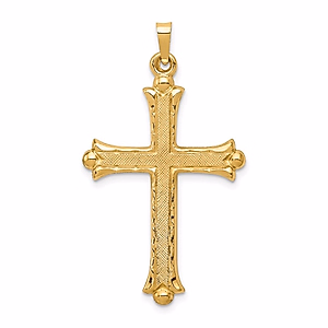 Diamond2Deal 14K Yellow Gold Hallow Fleur De Lis Religious Crucifix Cross Pendant Fine Jewelry for Women (L- 42 mm W- 24 mm)