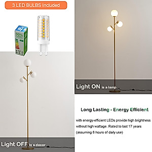 Fiqevs 3 Globe Gold Mid Century Floor Lamp, Modern Standing Lamp with Frosted Glass Shade & 3pcs Warm White LED Bulbs, Contemporary Tall Tree Lamp for Living Room, Bedroom - Antique Brass