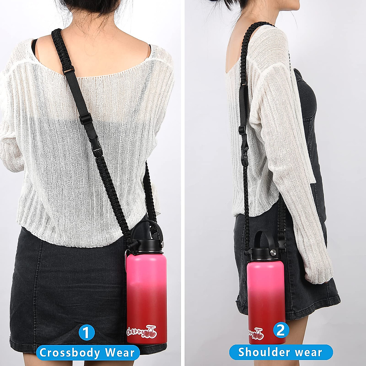 iLVANYA Paracord Handle with Adjustable Shoulder Strap -Compatible with Hydro Flask Wide Mouth Water Bottles -Sports Water Bottle Accessories for Men Women Hiking Travelling Camping (Black)