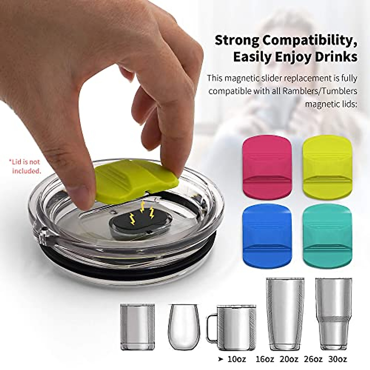 Replacement Magnetic Slide for YETI Lids, Fits 10oz, 16oz, 20oz, 26oz, 30oz Set of 4 (Light Blue Light Yellow Red Green)