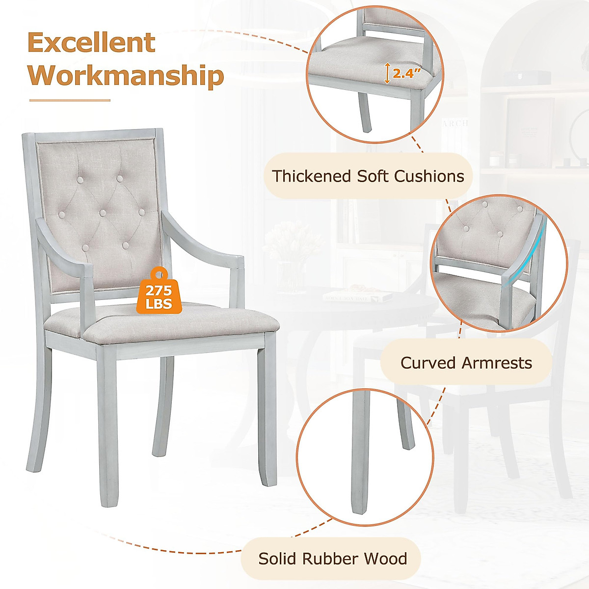 POCIYIHOME, Wood Two-Size Round to Oval Butterfly Leaf, 4 Upholstered Armrest, 4 (Antique Grey Oak), 5-Piece Extendable Dining Table/Chairs Set