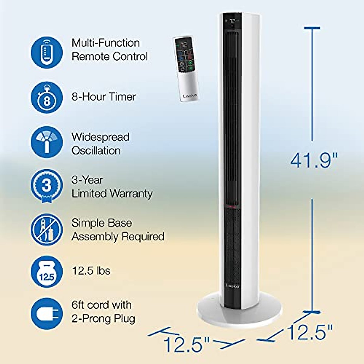 Lasko 1500 Watt 4 Speed Quiet Bladeless Multi Function Remote Control Comfort Control Tower Fan and Space Heater with 3 Heat Settings, White