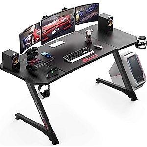 VITESSE 55 Inch Ergonomic Gaming Desk, Z-Shaped Office PC Computer Desk with Large Mouse Pad, Gamer Tables Pro with USB Gaming Handle Rack, Stand Cup Holder&Headphone Hook (Black, 55 inch)