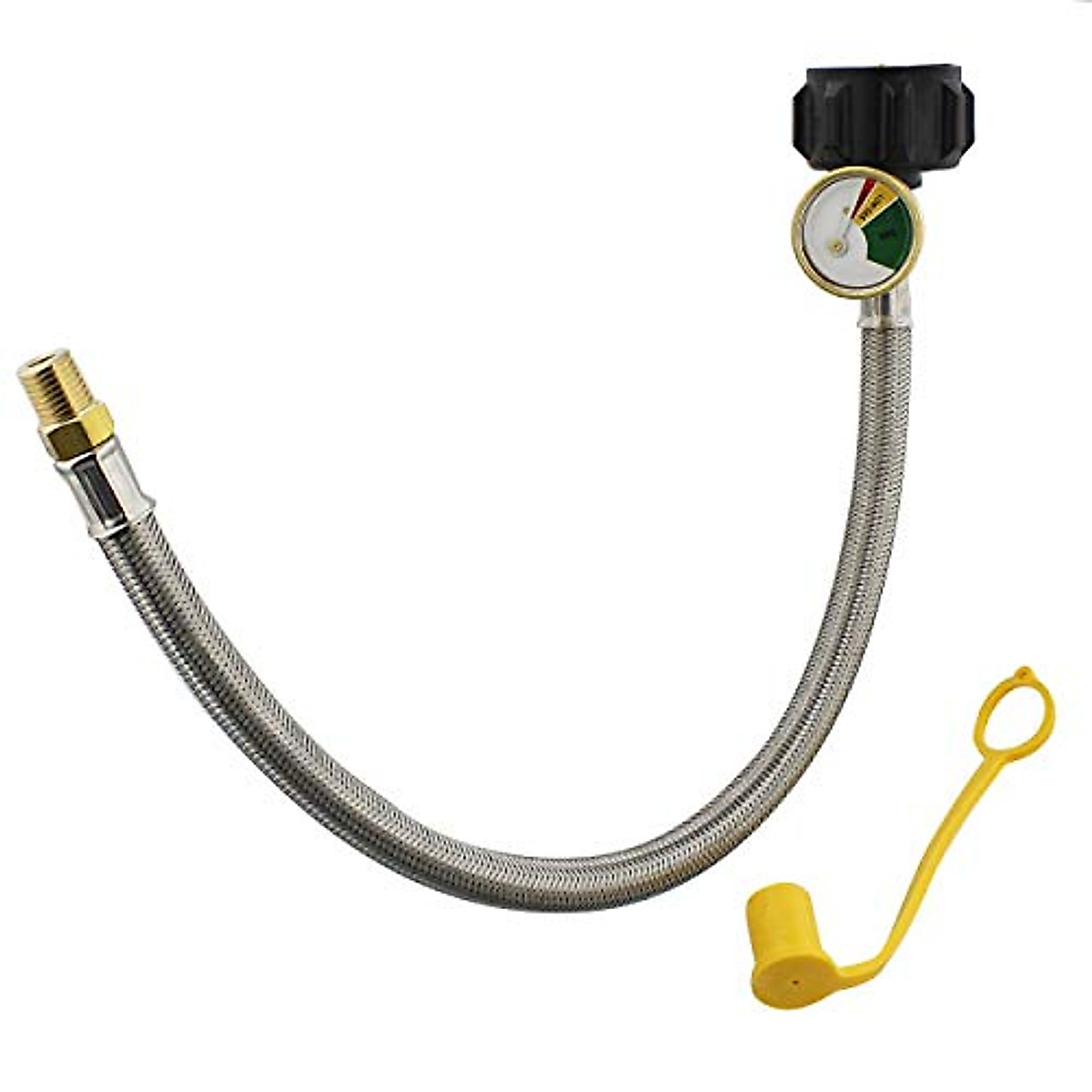 Dumble 1/4in NPT RV Propane Hose Pigtail 15in Connector 2 Pack with Gauge and Sealing Tape - Camper Propane Tank Hose
