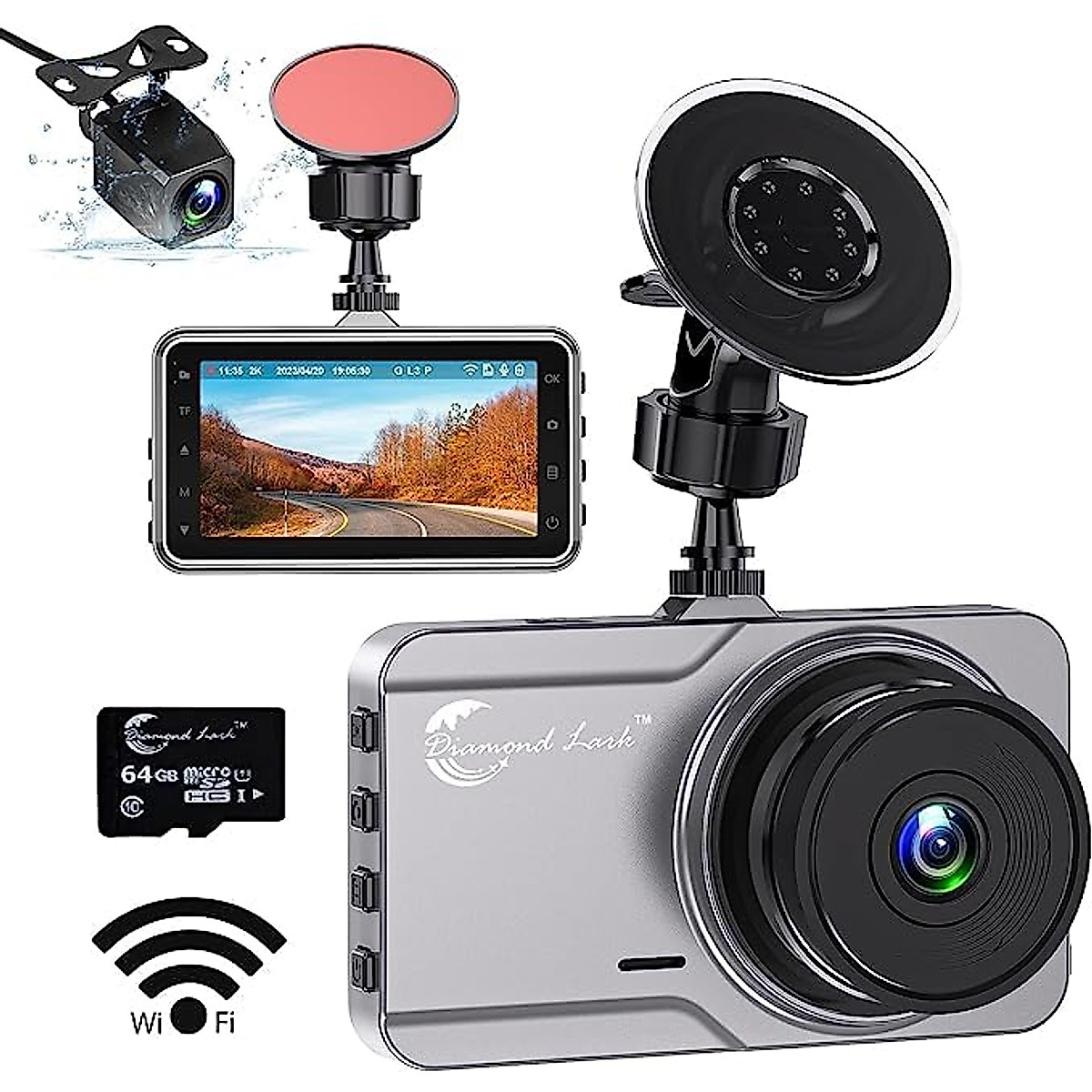 Diamond Lark Dash Camera Built-in WiFi, 2K Front and 1080P Rear Dual Dash Cam, Car Dashcam with Free 64G SD Card,3'' IPS Screen,170° Wide Angle,HD Night Vision,WDR, 24H Parking Monitor, Loop Recording