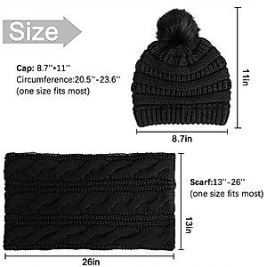 Double Couple Womens Scarf Beanie Hat with Faux Fur Ball Set Thick Winter Cable Knitted Circle Loop Infinity Scarfs for Women (Black Pom Pom Set)