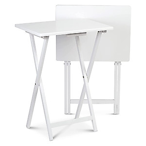 PJ Wood Lightweight Rectangle Solid Wood Construction Multifunctional Folding Table Tray with Compact Storage Rack, White, 2 Piece Set