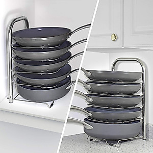 Heavy Duty Kitchen Pot Rack Organizer For Cabinet - Height Adjustable 5-Tier Cast Iron Skillet Cookware Rack - Stainless Steel Pots And Pan Storage Rack Organizer For Cabinet Countertop - 16.5" Tall
