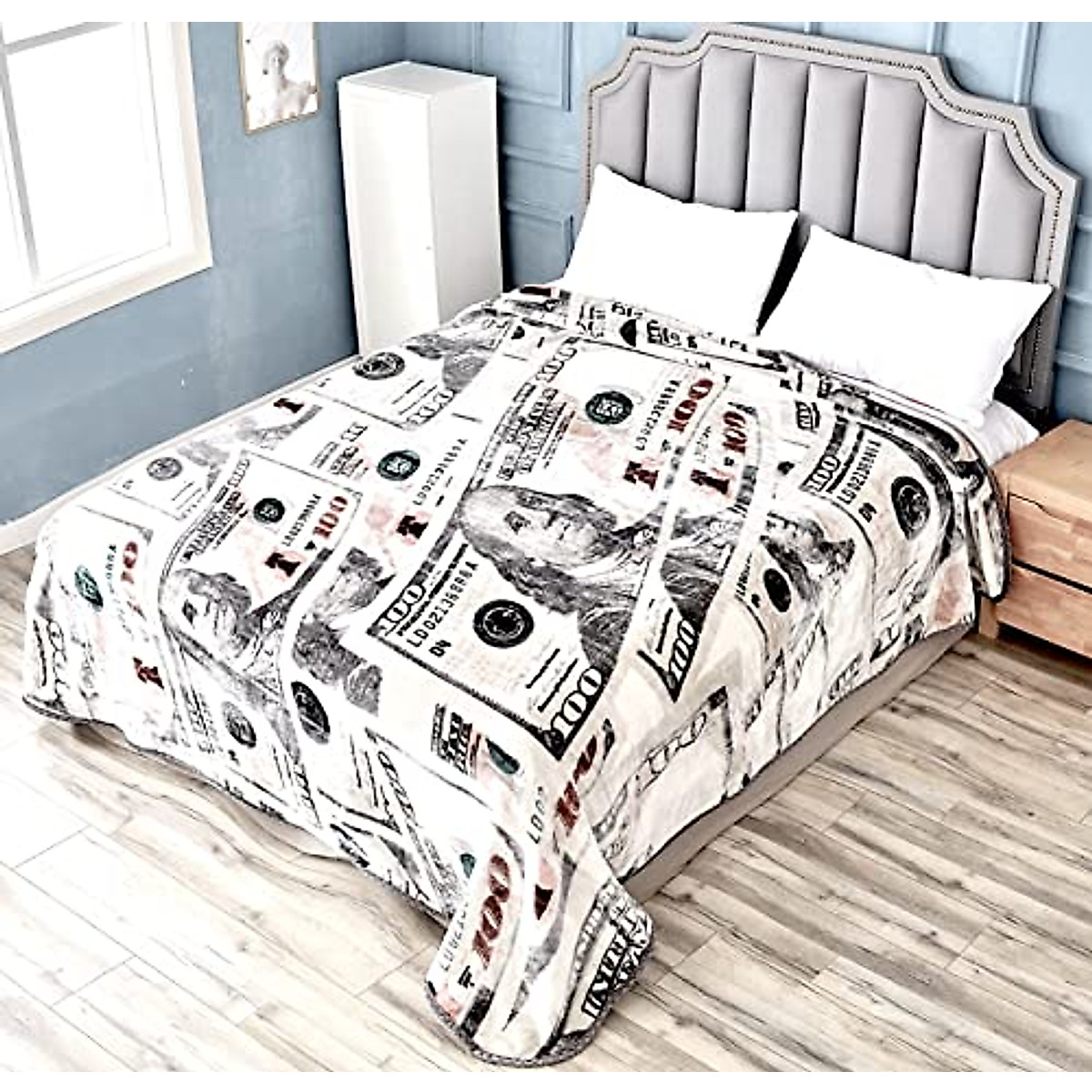 USA 100 Dollar Blanket, Traveling, Hiking, Camping, Full Queen, TV, Cabin, Couch, Bed Throw. 75" Wx90 H 3.5LBS, Reversable, Fuzzy Mink Cozy Warm Home Fashion