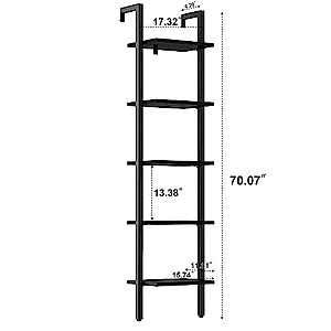 YMYNY 5 Tiers Narrow Ladder Bookcase, Industrial Wall Mounted Bookshelf, Open Display Rack with Metal Frame, Wooden Storage Shelves for Bedroom, Home Office, Living Room, Black, 70*17.3*11.8"UHBC015B