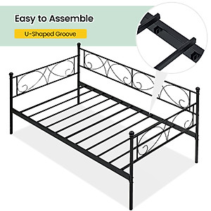 Amyove Twin Daybed Frame with Stylish Headboard, Metal Sofa Single Bed Frame with Metal Slat Support, No Box Spring Needed, Multifunctional Platform Bed for Bedroom Living Room Guest Room, Black