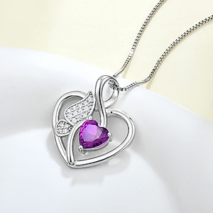 Lwsary Butterfly Necklace 925 Sterling Silver Love Heart Necklace Amethyst Pendant February Birthstone Jewelry for Women