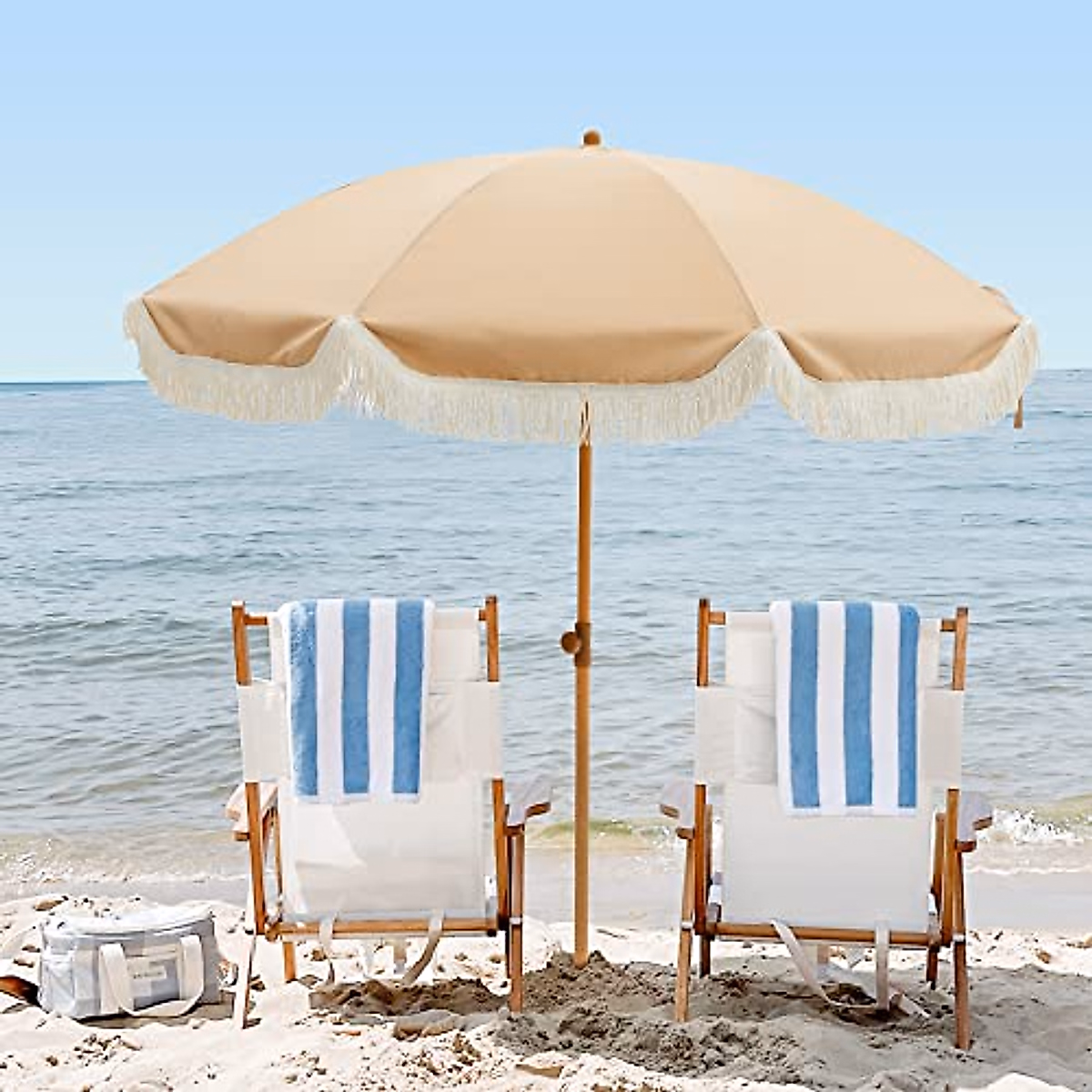 Kbrellaoutlets 7ft Patio Umbrella, UV 50+ Protection, Beach Umbrellas for Sand with Fringe, Wood Grain Aluminum Pole, 8 Ribs, Push Button Tilt, Garden Pool, Brown