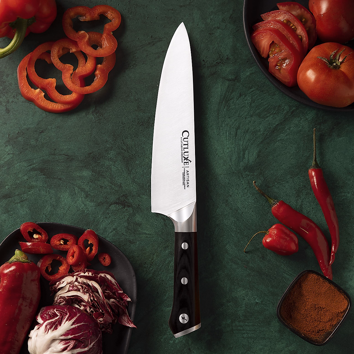 Cutluxe Chef, Santoku, Chopping and Paring Knife Set– Forged High Carbon German Steel – Full Tang & Razor Sharp – Ergonomic Handle Design – Artisan Series