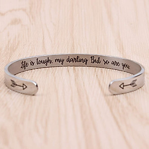 Btysun Inspirational Bracelets for Women Birthday Gifts for Her Motivational Cuff Bangle Silver Couple Bracelet Friend Friendship Mantra Quotes Jewelry(Life is Tough,My Darling ...)
