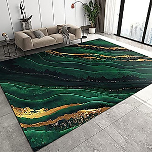 Nordic Modern Jade Green Marble Area Rug, Luxury Green Wave Gold Texture Living Room Rugs, Non Slip Machine Washable Easy Care Carpet for Indoor Bedroom Study Apartment Home Decor - 5.3 ft x 6.6 ft