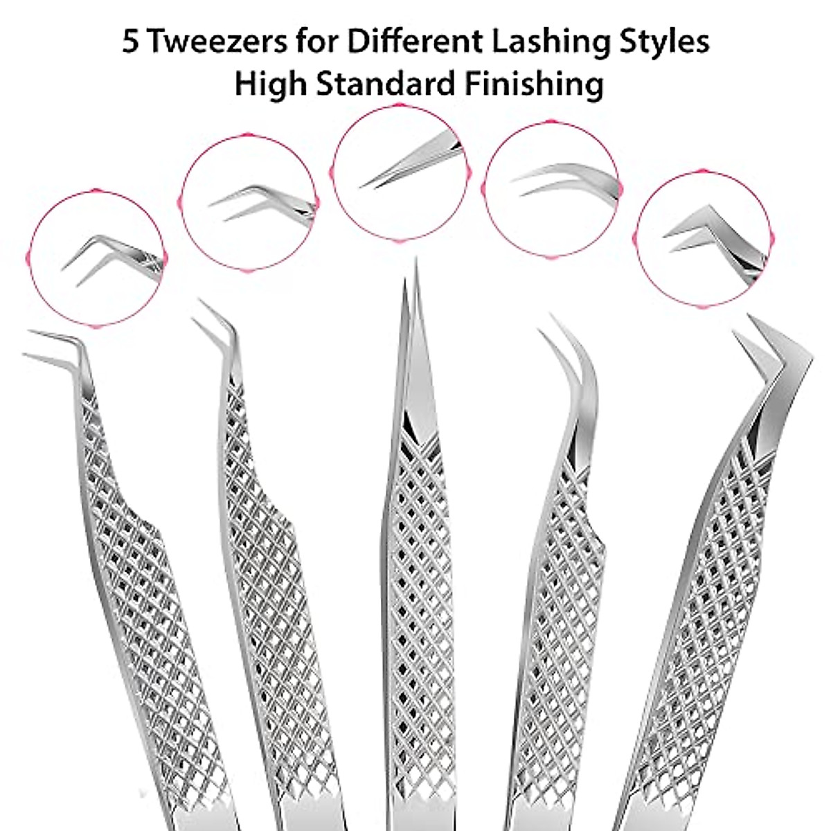 GTEX Lash Tweezers For Eyelash Extensions Tweezers Set of 5, Japanese Stainless Steel, Straight Curved 45 90 Degree Volume Eyelash Tweezers - SILVER