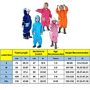 Fewlby Kids Toddler Rain Suit for boys girls One Piece Hoodie Zipper Cute Cartoon Monkey Waterproof Rain Jacket 2-5 years M Size