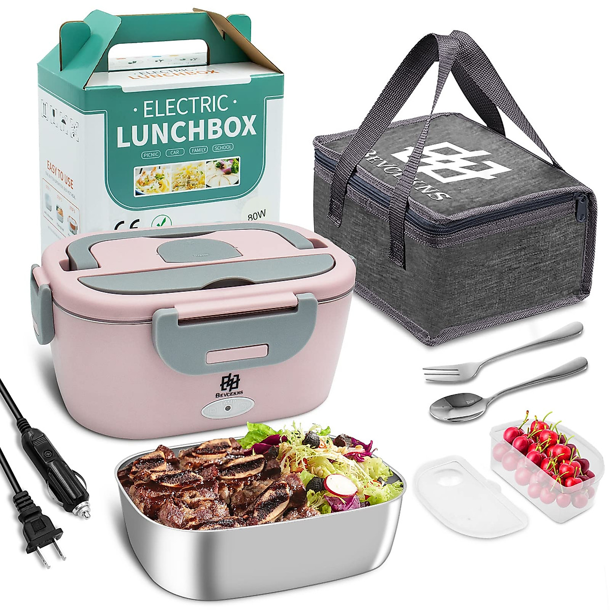 Electric Lunch Box Food Heater, Upgraded 80W Food Heated Electric Heating Lunch Box, 3 in 1 12V 24V 110-220V Portable Food Warmer Lunch Box with 304 SS Container Fork Spoon & Insulated Bag (Pink)