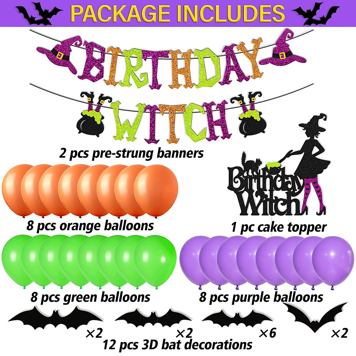 Halloween Birthday Witch Banner with Witch Cake Topper 12 Pieces 3D Bats Props Decoration 24 Pcs Balloons for Ghost Zombie Vampire Haunted House Halloween Birthday Party Supplies