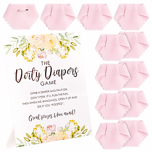 Sparkle and Bash Dirty Diaper Baby Shower Game for Girl with 12 Mini Pink Diapers, 8.5 x 11 Inch Instruction Card Sign
