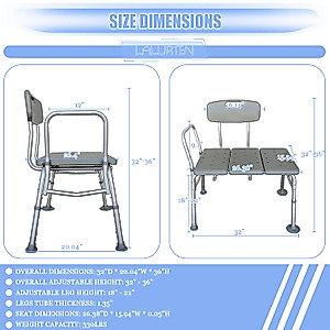 Lalurten Bathtub Transfer Bench with Height Adjustable Legs Tub Transfer Bench Shower Chair with Backrest & Armrest Convert to Right/Left Hand Entry Transfer Bench for Bathtub Support 330 lbs (Grey)