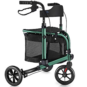WALK MATE 3 Wheel Rollator Walker with Seat for Slim Seniors, Padded Backrest Lightweight Foldable Walker Ideal for Elderly, 8 Inch Tri-Wheel Modern Mobility Walking Aid Aluminum, Green