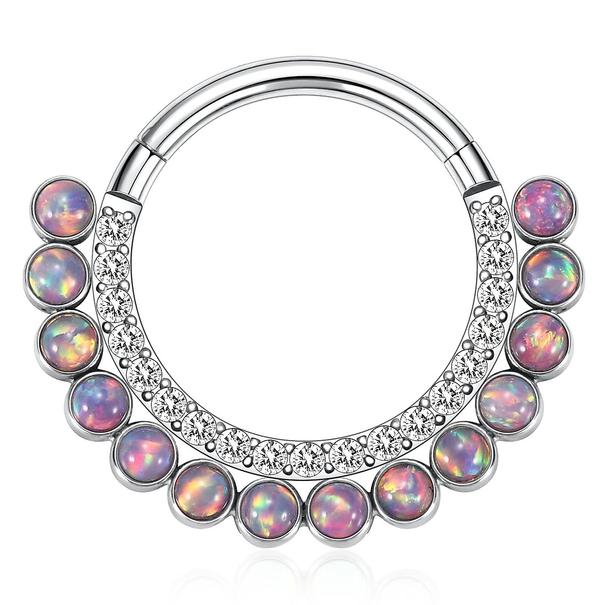 Septum Jewelry 16G Daith Earrings Surgical Steel Purple Opal Septum Rings Silver Nose Ring Hoop Opal Septum Clicker Ring Daith Piercing Jewelry Rook Helix Tragus Conch Cartilage Hoop Earrings 10mm