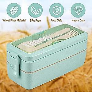 NatraProw Bento Box Adult Lunch Box with Bag, 2 layer Leakproof Lunch Box with Containers Included, BPA Free, Wheat Straw, BPA Free, Microwave Safe, Green