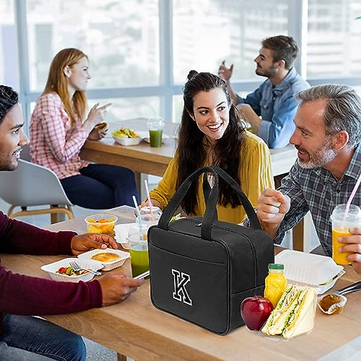 IDEATECH Lunch Bag Women Insulated, Black Lunch Box for Men, Monogrammed Lunch Bags for Work, Personalized Reusable Lunch Tote Bag, Small Cute Lunchbox Cooler Sack (Black, K)