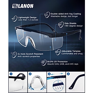 LANON 3 Pack Anti-Fog Safety Goggles with Ajustable Temples, 2.5 Times ANSI Z87.1 Double-sided Antifog, Side Protection, High Transmission, Lightweight