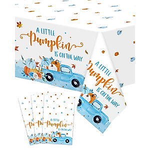 Nefelibata 3Pcs Blue Pumpkin Baby Shower Tablecloths A Little Pumpkin is On The Way Plastic Table Cover Party Supplies for Fall Halloween Thanksgiving Boy Baby Shower Party Decor