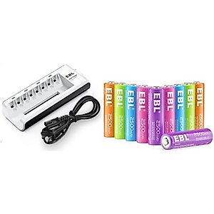 EBL 8-Bay Battery Charger with AA Rechargeable Batteries 2500mAh (10 Pack- 5 Color in One Box)