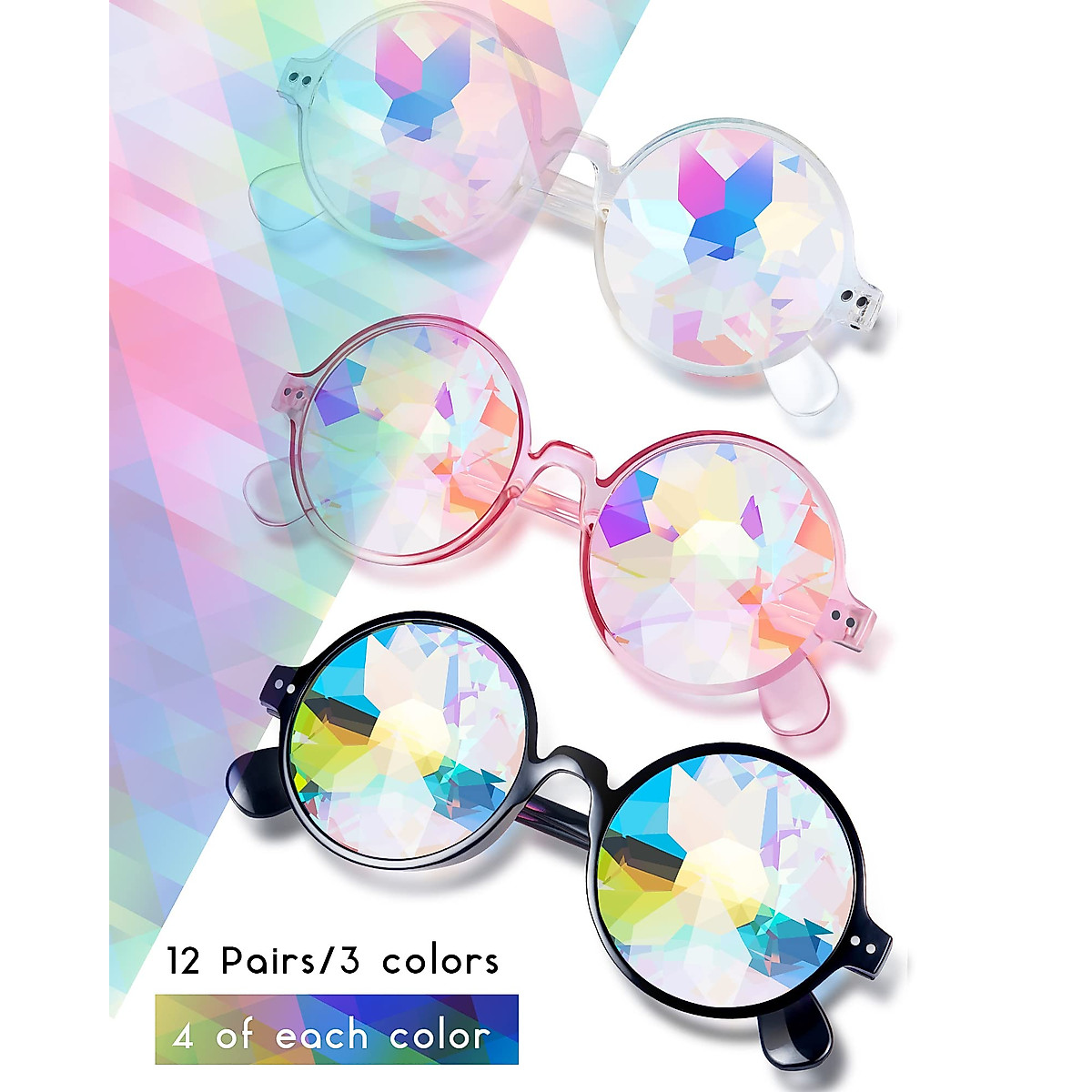 Frienda 12 Pairs Kaleidoscope Rave Rainbow Glasses Refraction Trippy Psychedelic Rave Goggles with Resin Lens Diffraction Prism Women's Costume Eyewear Sunglasses for Festival