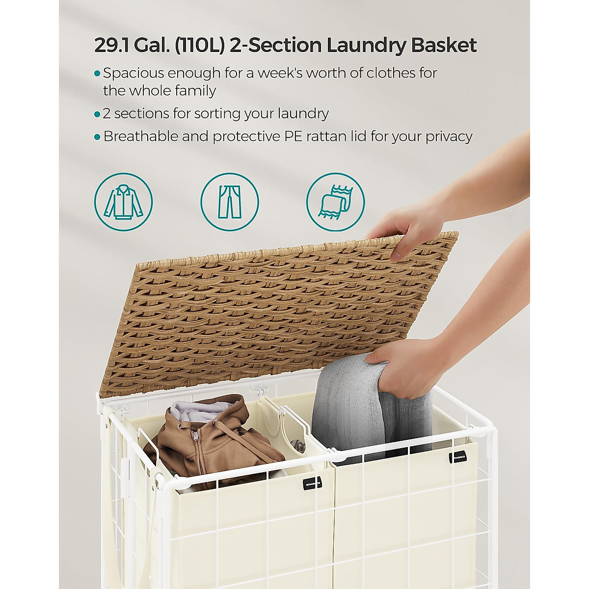 SONGMICS Laundry Hamper, 110L Laundry Basket with Lid, Clothes Hamper with Wheels, Collapsible Removable Liner Bag, Iron-Made Laundry Sorter, Natural Beige and Cream White ULCB211N01