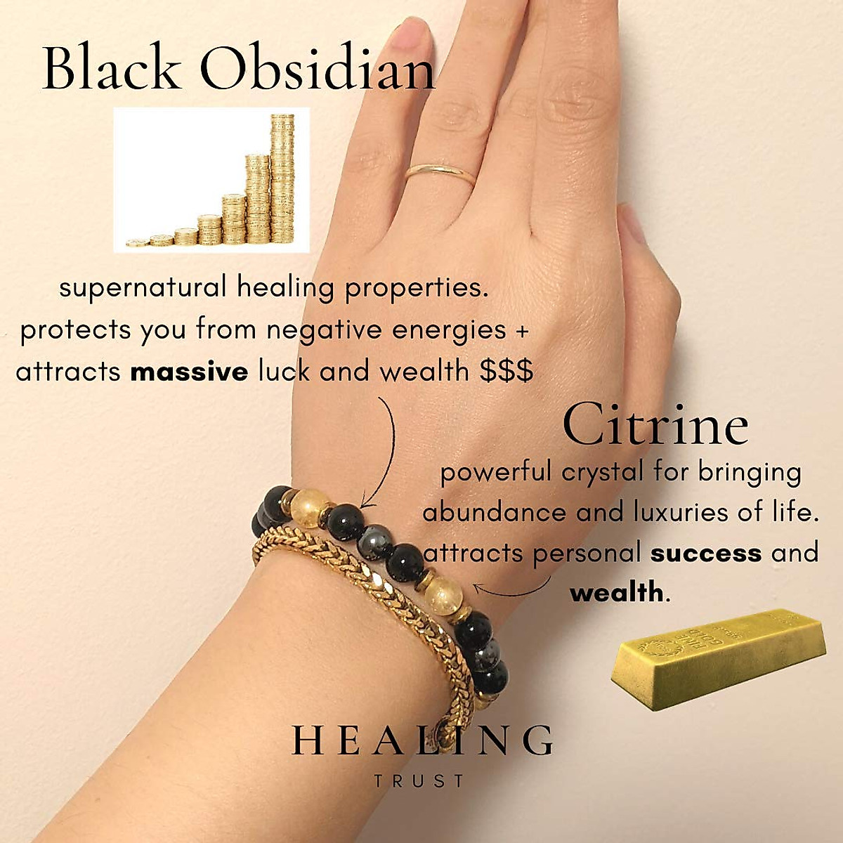 Citrine Crystal Hematite Feng Shui Black Obsidian Wealth Bracelet. Citrine Crystal Beaded Bracelets for Women and Men. 100% Wealth Generator and Lucky Money Attraction, Prosperity, Goals